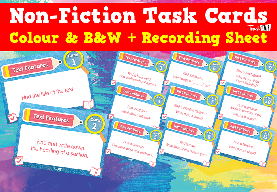 Non-Fiction Task Cards – Colour & B&W + Recording Sheet :: Teacher ...