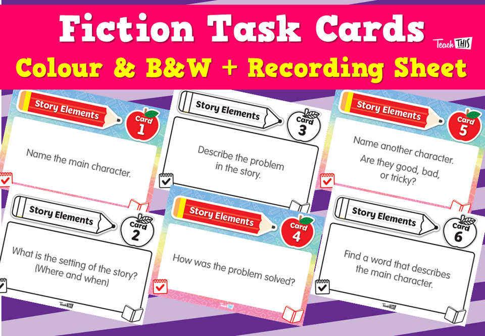 Fiction Task Cards - Colour & B&W + Recording Sheet :: Teacher ...