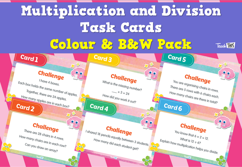 Multiplication and Division Task Cards - Colour & B&W Pack :: Teacher ...