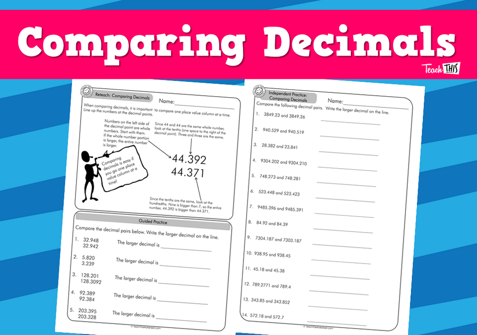 Comparing Decimals (answers incl) 4pg :: Teacher Resources and ...