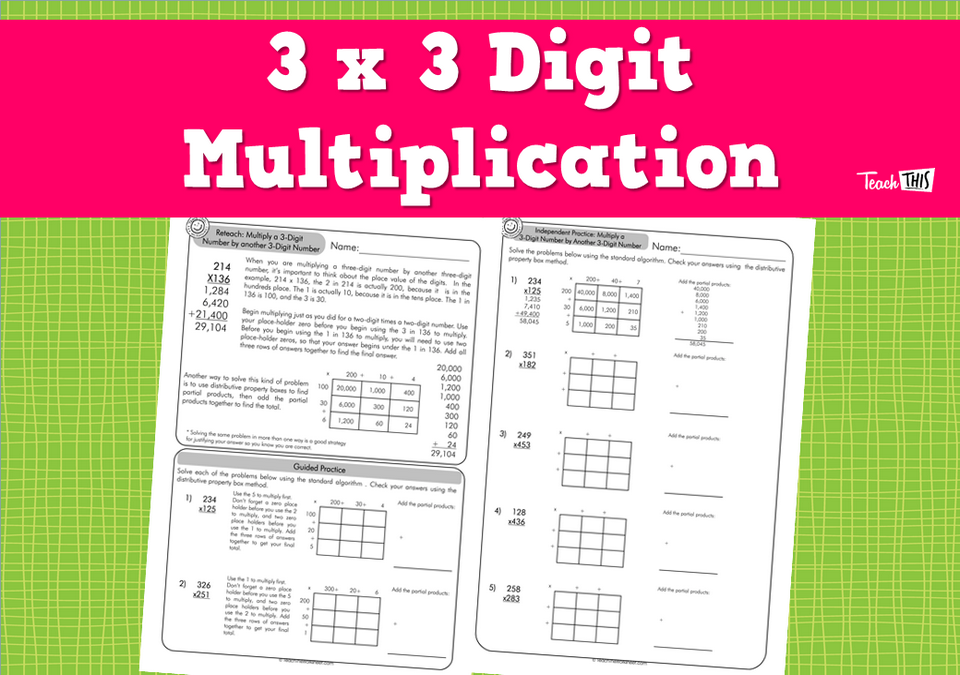 3 x 3 Digit Multiplication (answers incl) 4pg :: Teacher Resources and ...